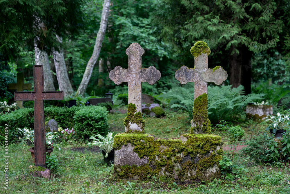 Ancient cemetery with weathered stone crosses on the quiet island of ...