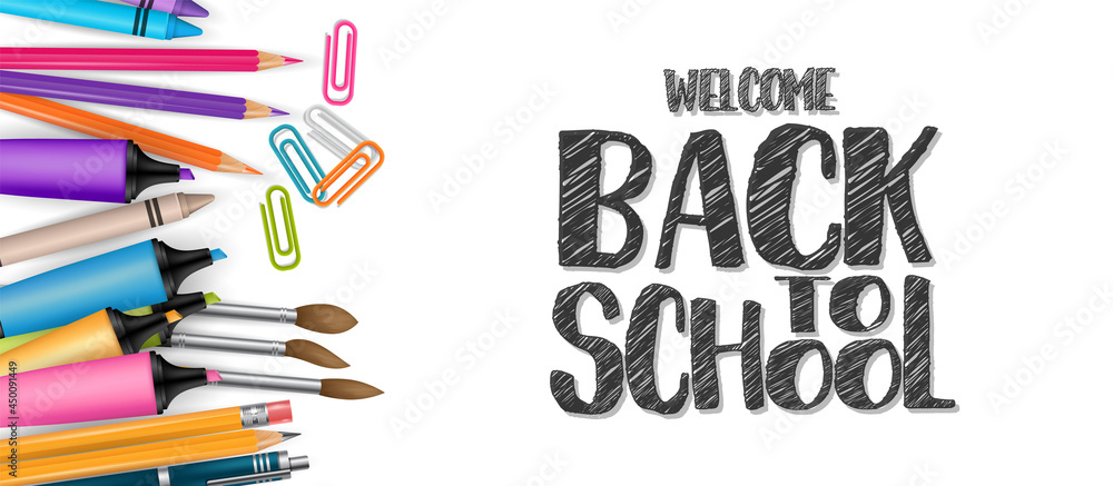 School banner or header. Stationery supplies on white background with ...