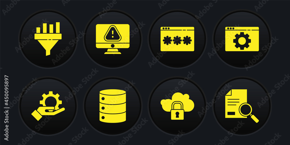 Set Hand settings gear, Browser, Server, Data, Web Hosting, Cloud computing lock, Password ...