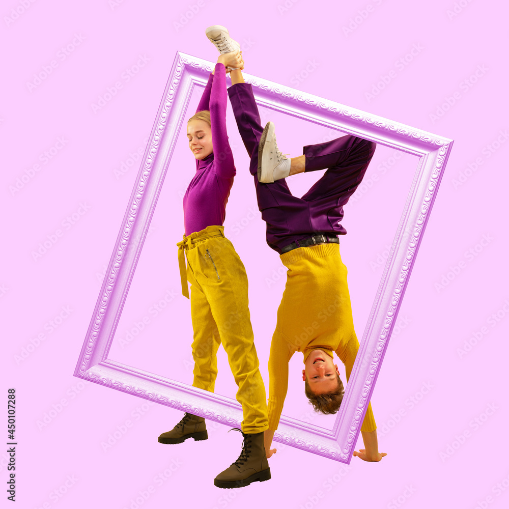 Modern art collage. Two young people, man and woman in retro style ...