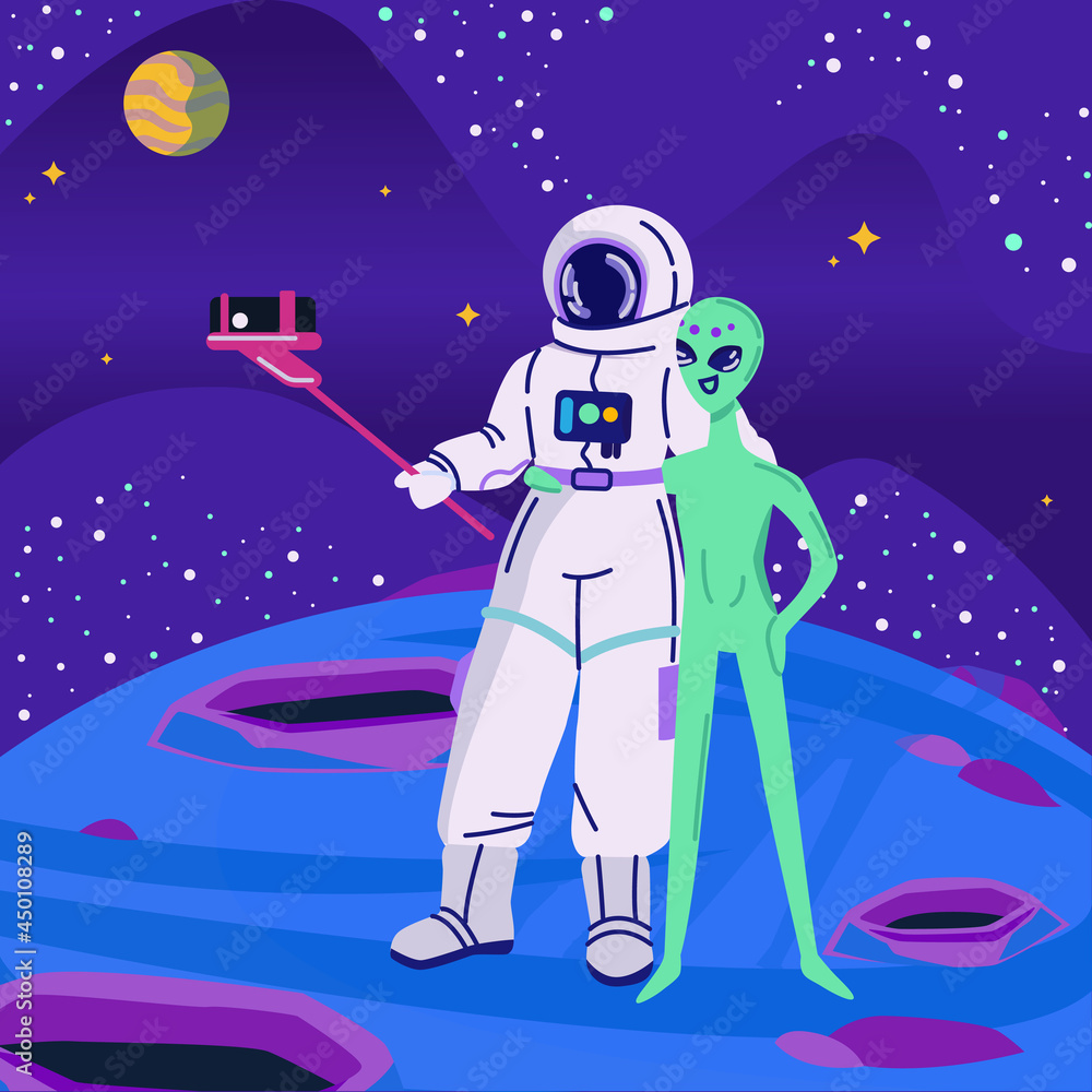 Astronaut taking selfie, making contact, friends with alien, little ...