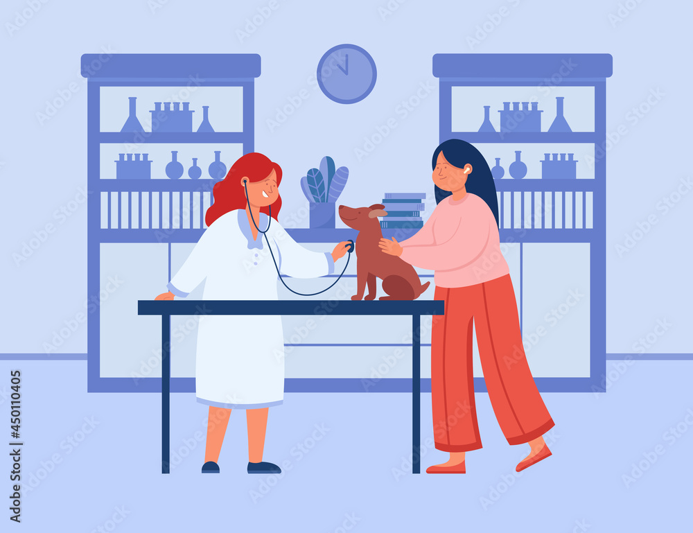 Pet examination by smiling veterinarian in clinic interior. Flat vector ...