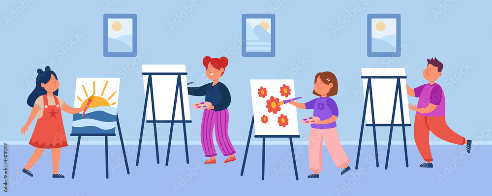 Cartoon kids at drawing lesson flat vector illustration. Little boy and ...