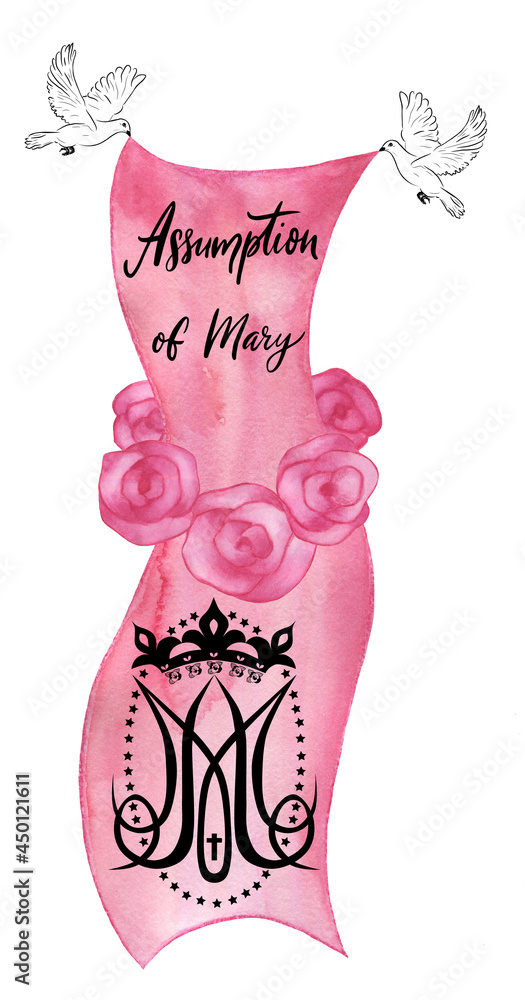 Handwritten lettering Assumption of Mary. Watercolor pink flag and ...