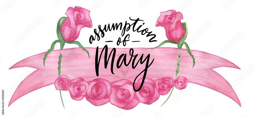 Handwritten lettering Assumption of Mary. Watercolor pink flag with ...