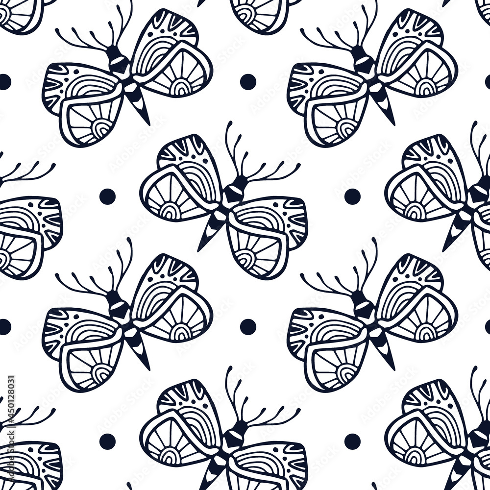 Butterflies seamless pattern in ornamental hand drawn style. Block ...