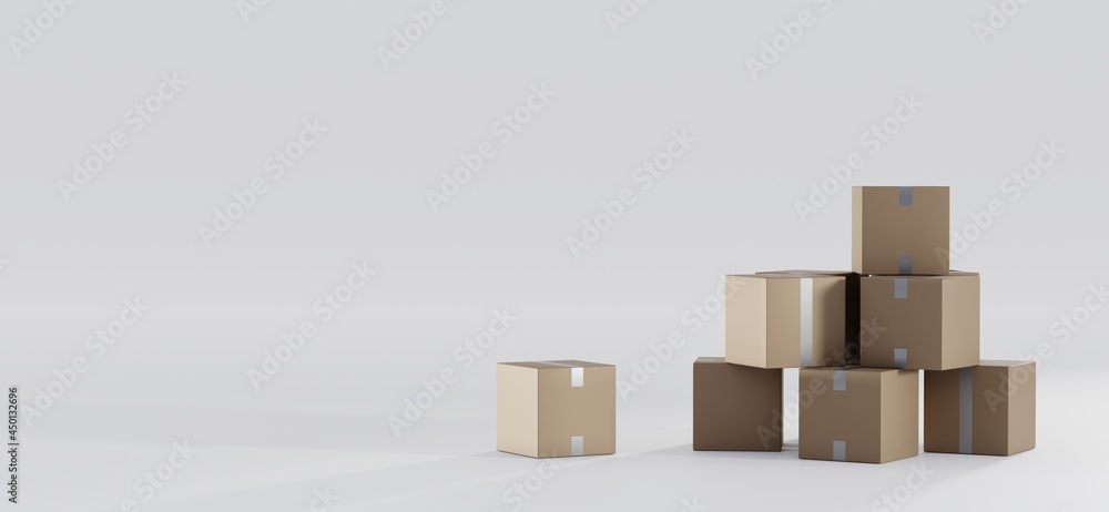 Pile stacked sealed cardboard boxes. Square carton closed, brown ...