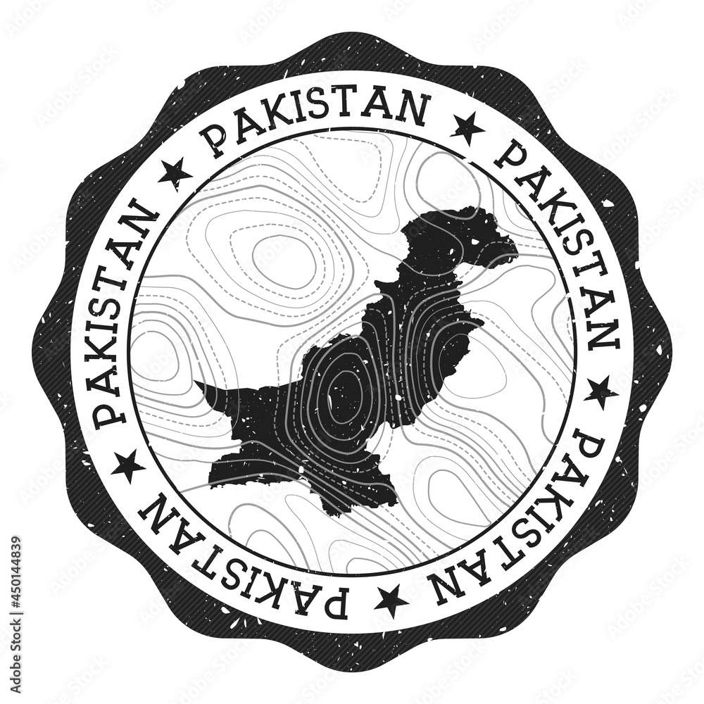 Pakistan outdoor stamp. Round sticker with map of country with ...