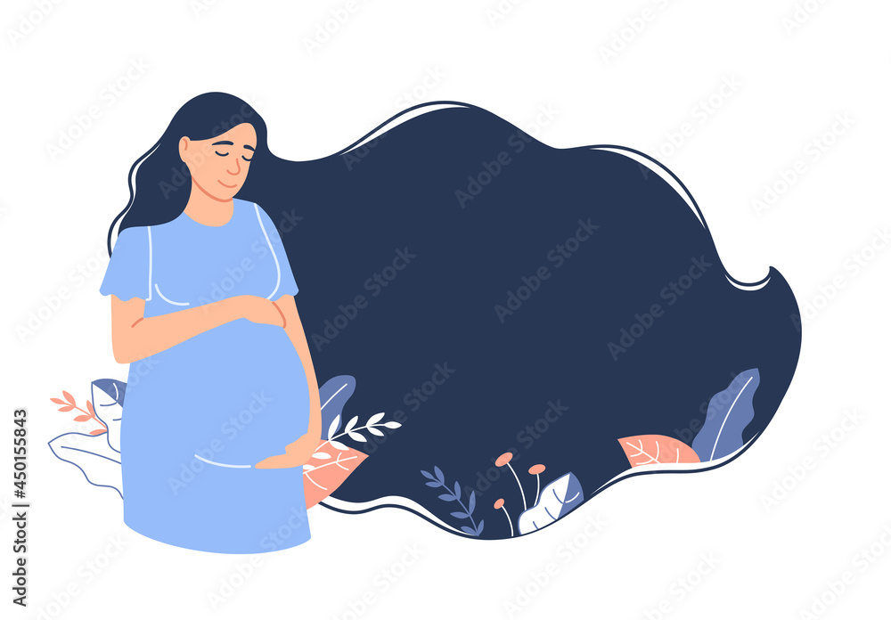 Flat pregnancy background. Young Caucasian smiling pregnant woman with ...