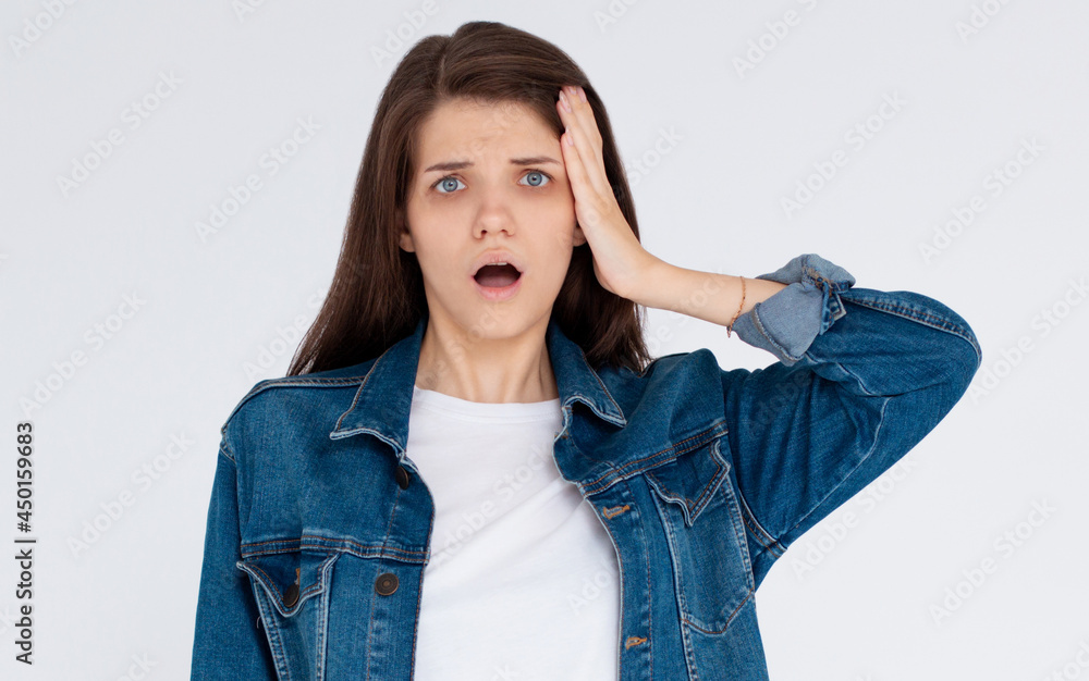 Horrible, stress, shock. Female half-length portrait isolated at blue ...