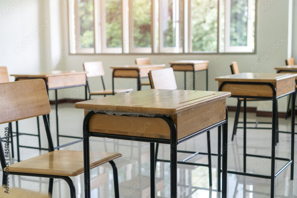 Classroom high school empty no children teacher when COVID-19 disease ...