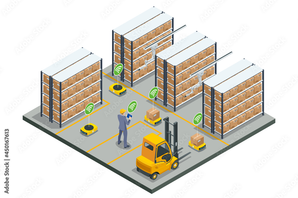 Isometric automated warehouse robots. Modern logistics center ...