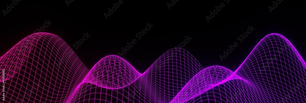 Neon mesh waves in dark space background. Purple 3d render streams of ...
