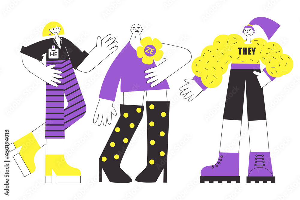 Group of three non-binary people in colours of NB flag (yellow, purple ...