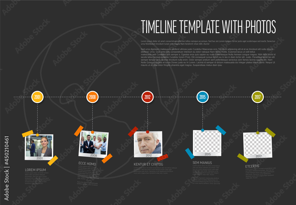 Dark Infographic Photo Snapshots Timeline Layout Stock Template | Adobe ...
