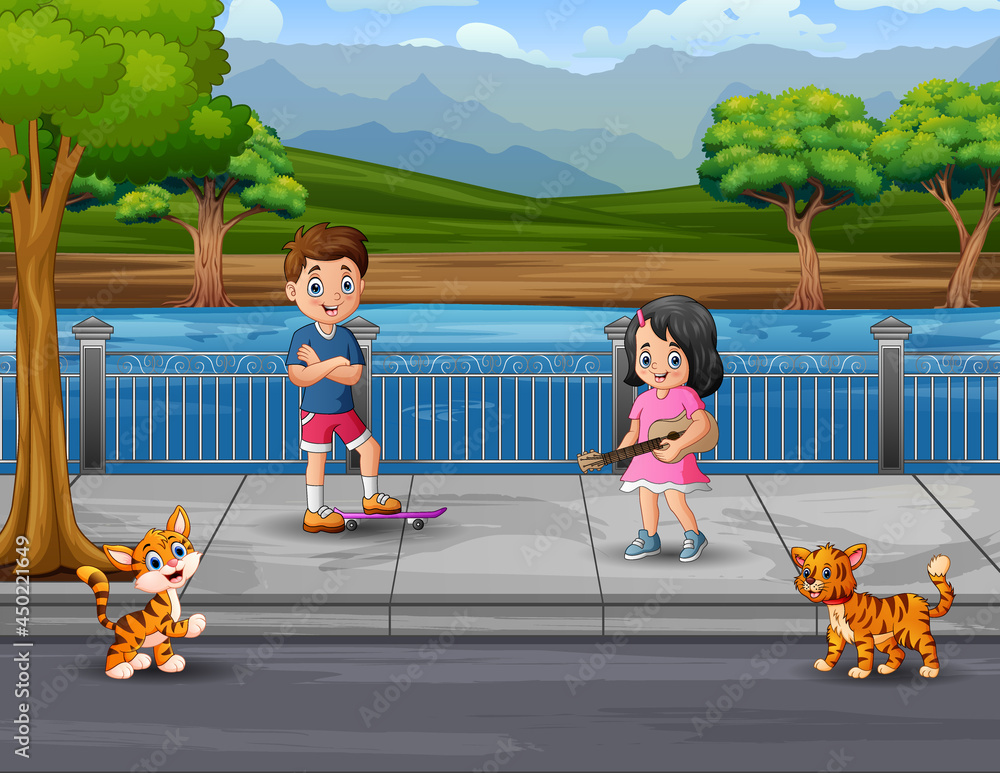 Cartoon a boy and girl in the street Stock Vector | Adobe Stock