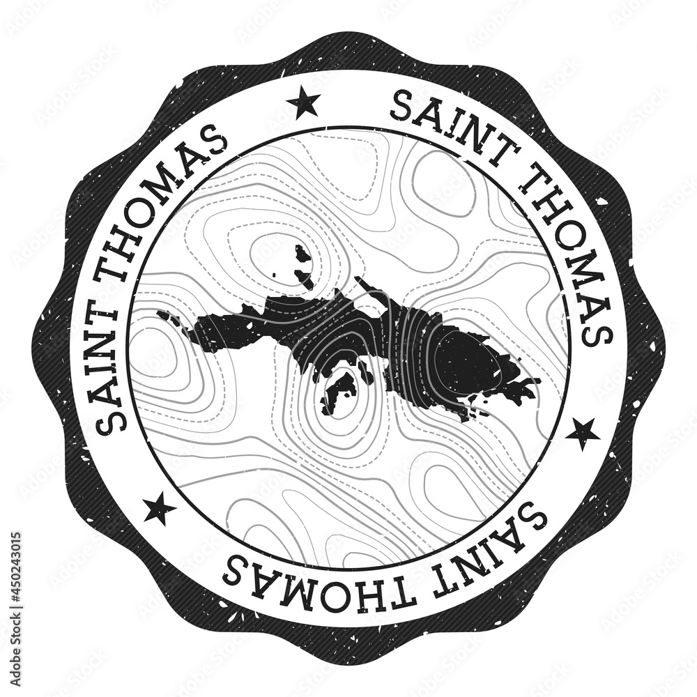 Saint Thomas outdoor stamp. Round sticker with map of island with ...
