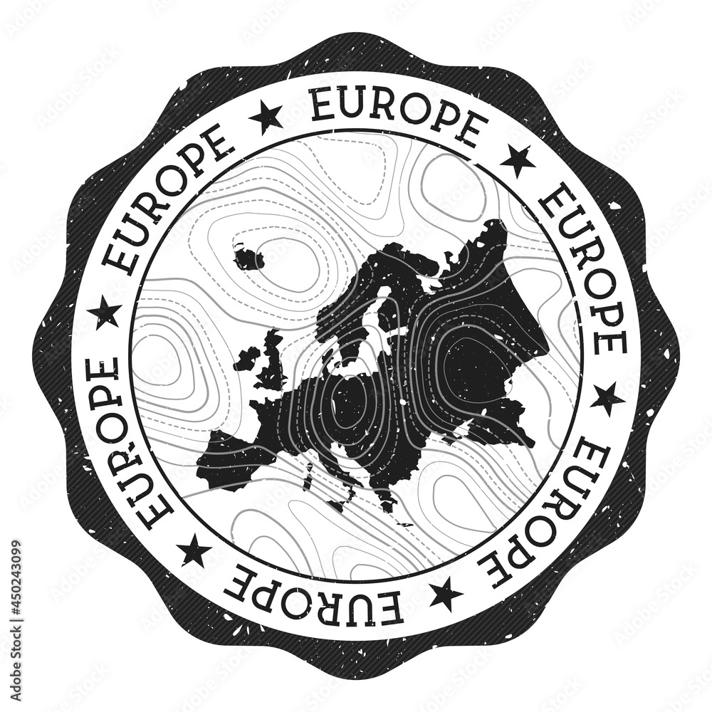 Europe outdoor stamp. Round sticker with map of continent with ...