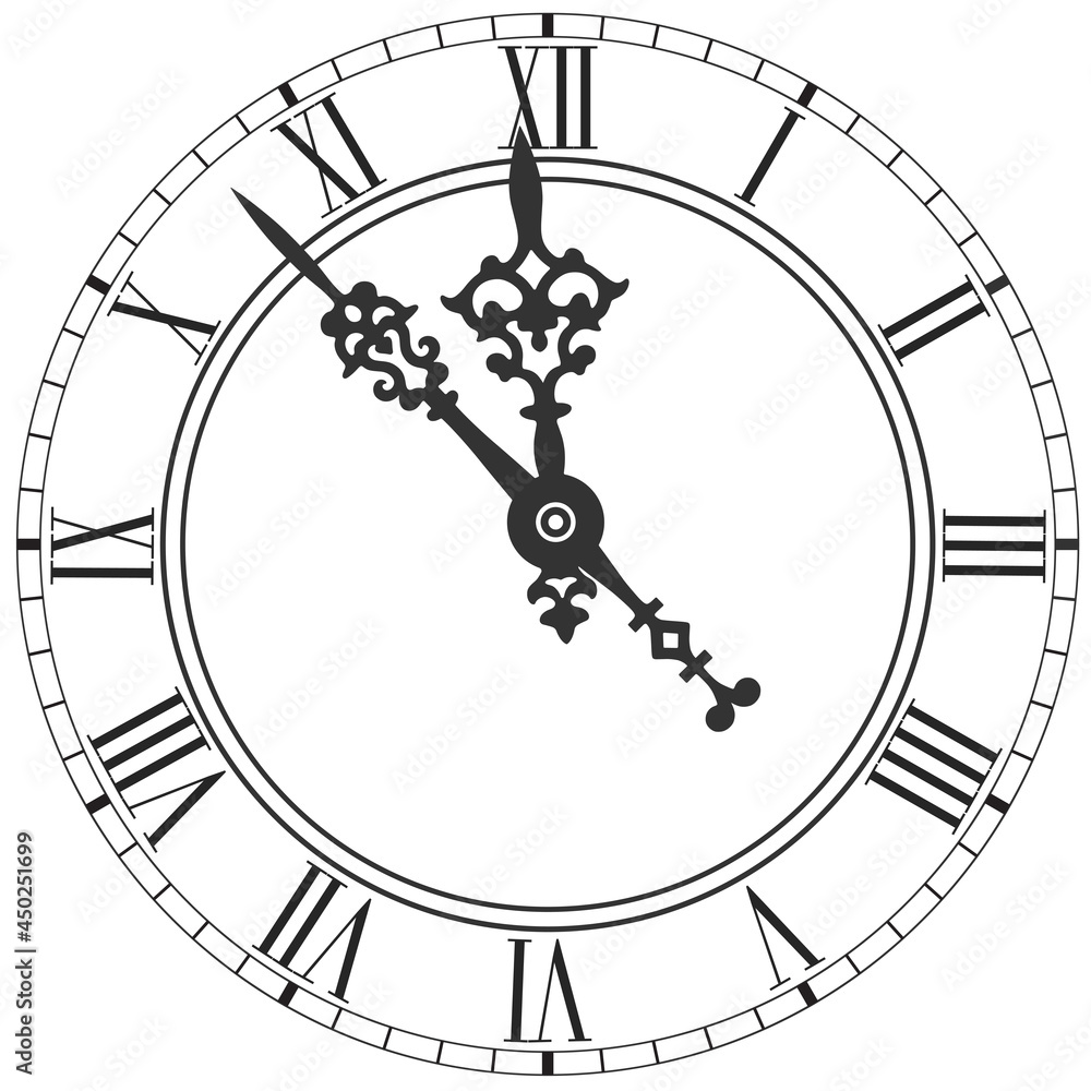 Elegant clock face with roman numerals and figured hands isolated on ...