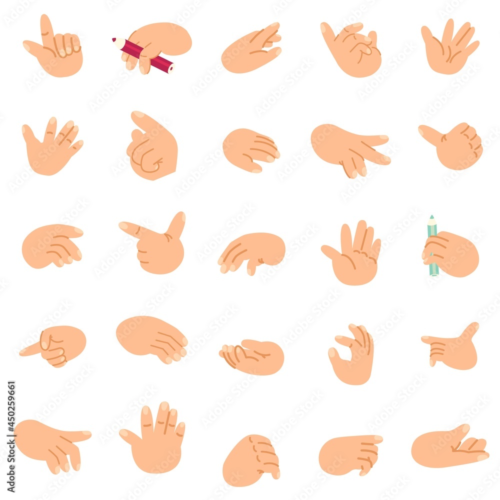 Cartoon hands set icons and symbols. Different gestures. Isolated ...