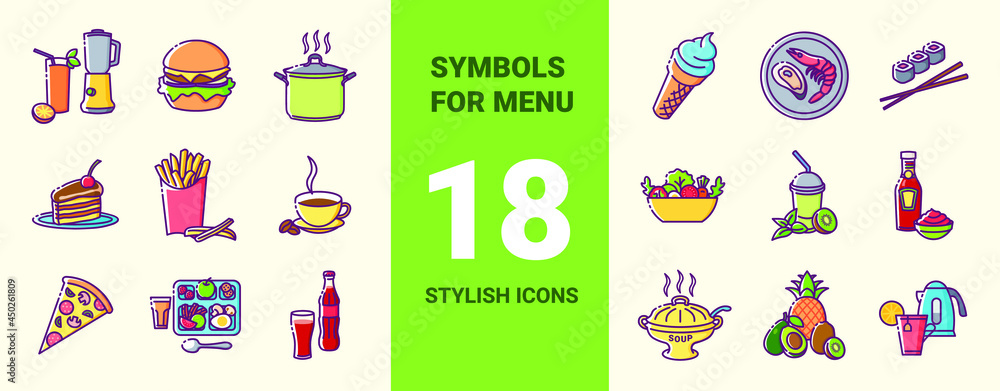 Set of colored icons on the theme of catering. Collection of signs in ...