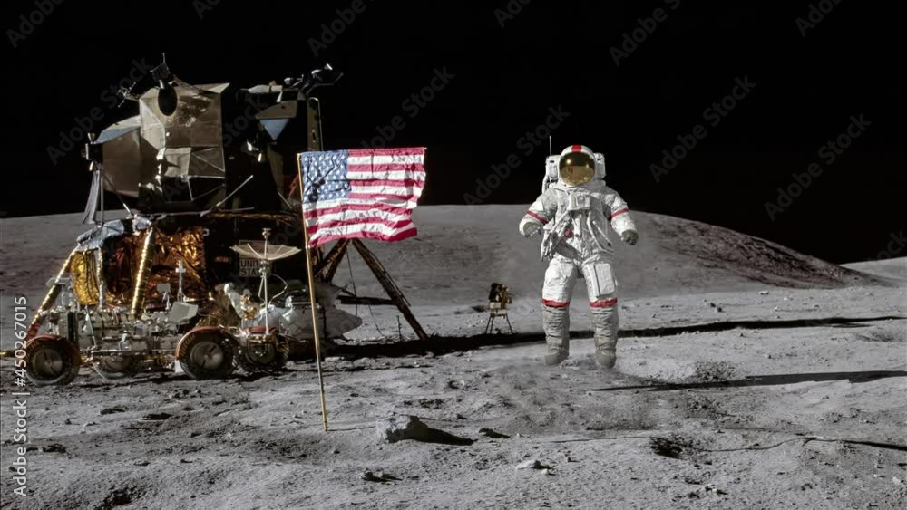 Astronaut jumping on the moon and saluting the American flag. Stock ...