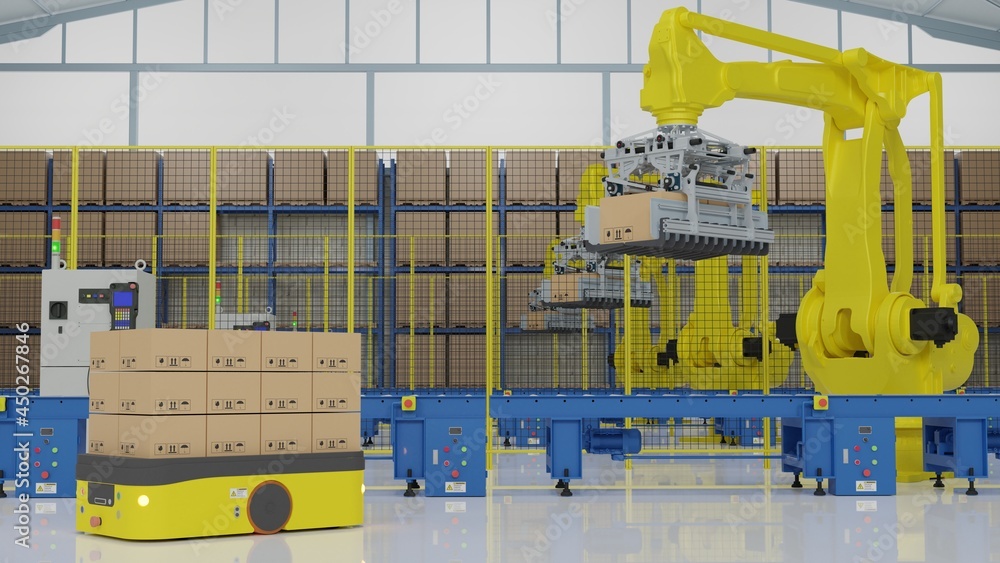 Factory 4.0 concept: The AGV (Automated guided vehicle) is carrying ...