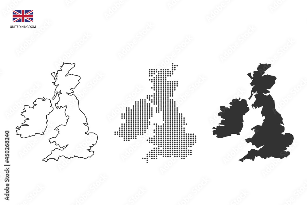 3 versions of UK map city vector by thin black outline simplicity style ...