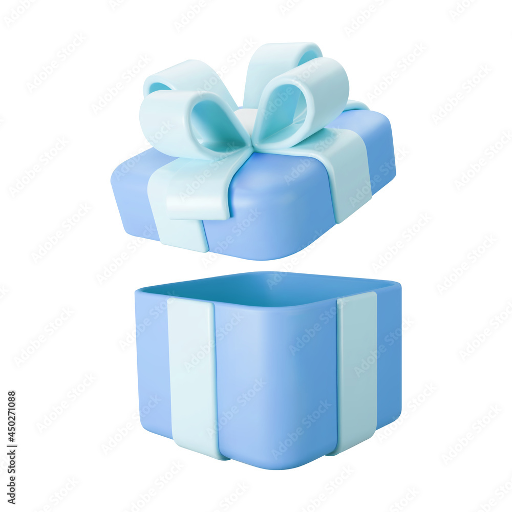 3d blue open gift box with pastel ribbon bow isolated on a white ...