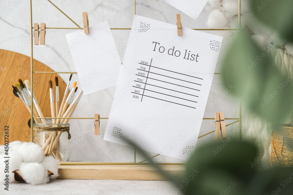 TO DO list cards and posters mock ups on grid board. Copy space. Home ...