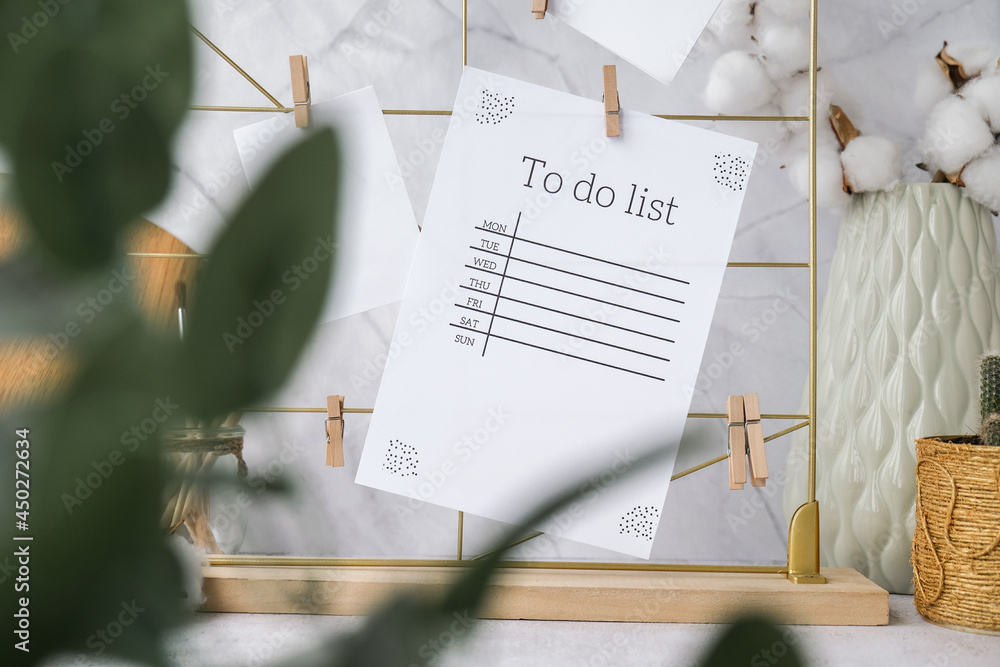 TO DO list cards and posters mock ups on grid board. Copy space. Home ...