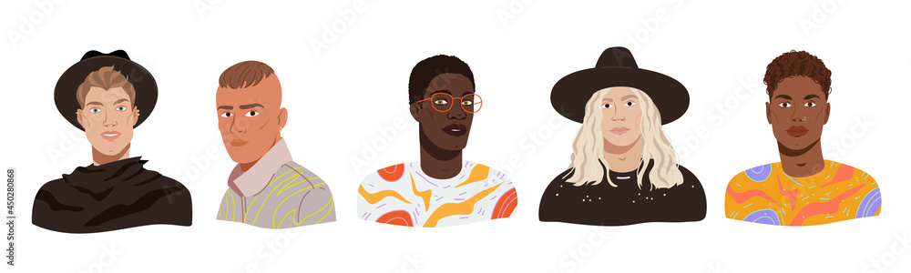 Fashion men portraits avatars set. Young diverse model guys in trendy ...
