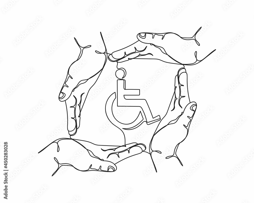 Continuous one line drawing of disabled icon worker injury and ...