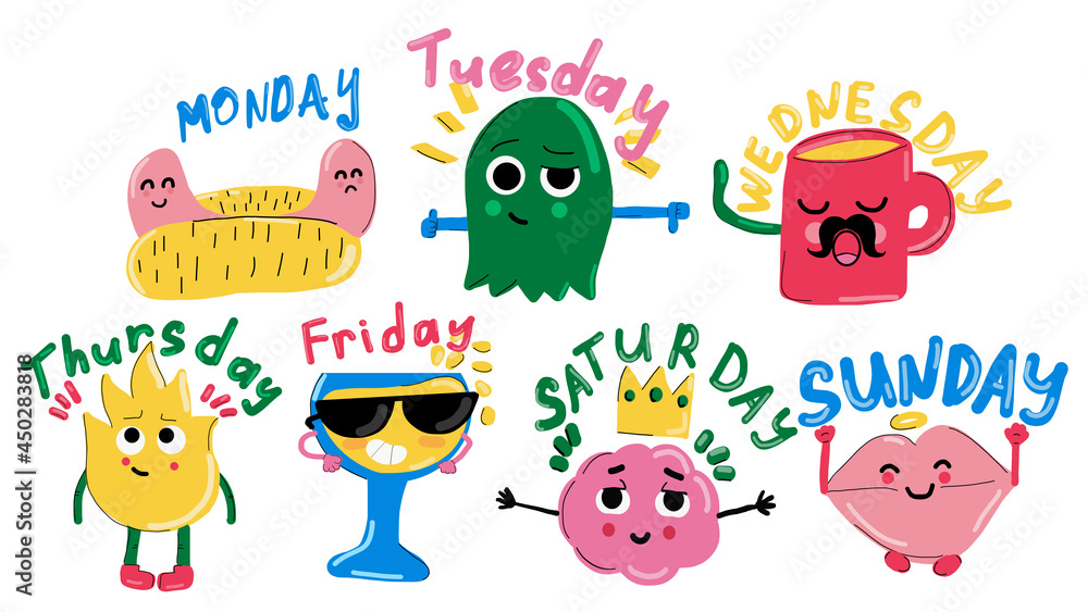 Digital vector planner cute stickers isolated. Set of days in a week ...