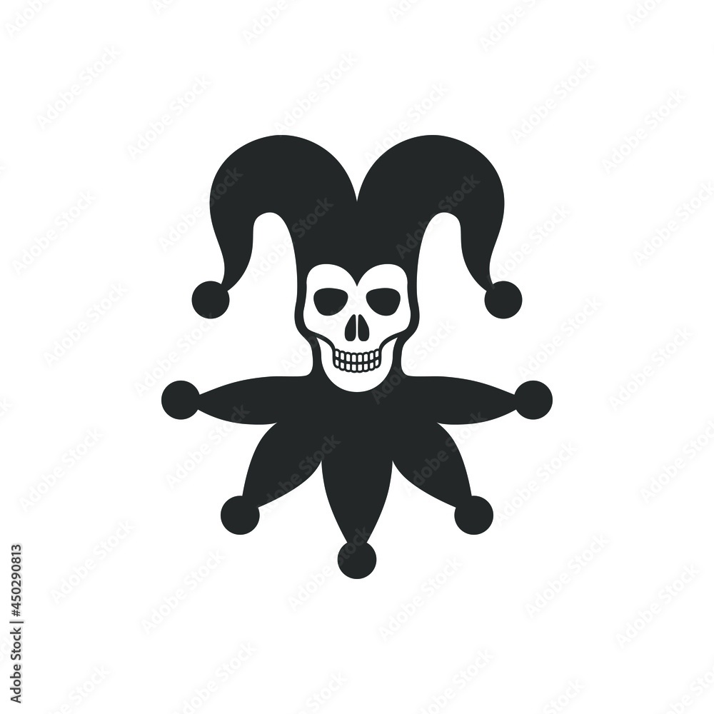 Skull in jester cap graphic icon. Joker vintage sign isolated on white ...
