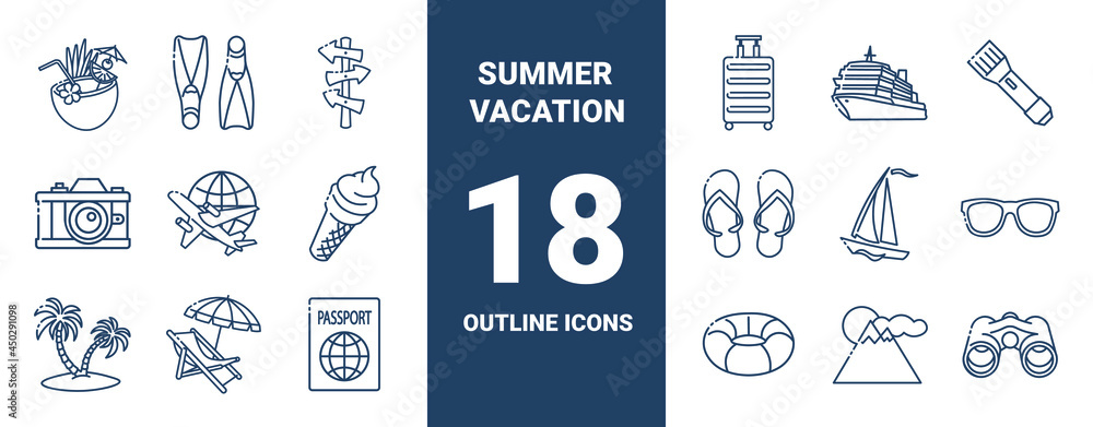 Outline collection icons on the theme of summer holidays. Concept of ...