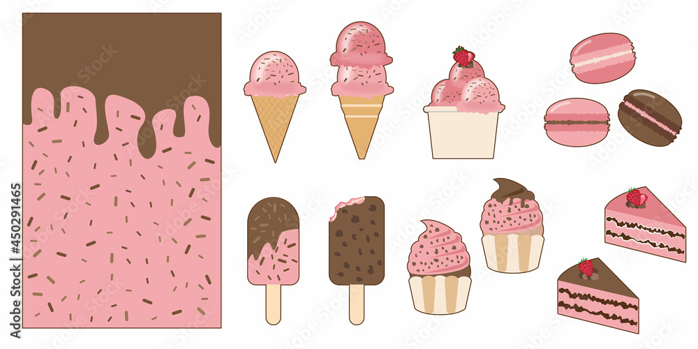 Set of sweets and dessert icons. Strawberry Chocolate sweet ...