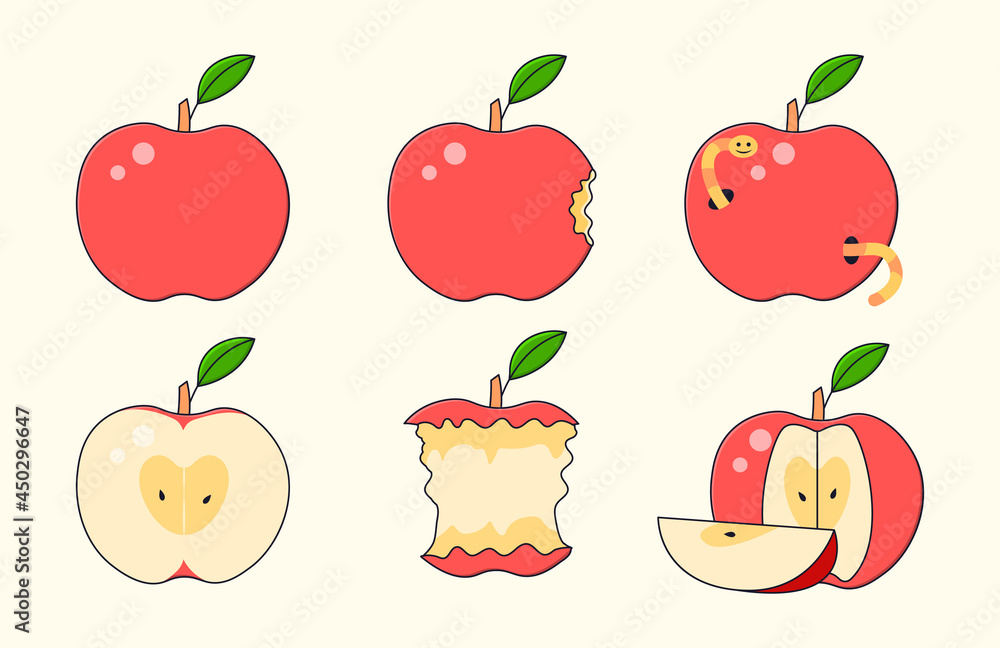 Set of red ripe apple collections whole and bitten on white background ...