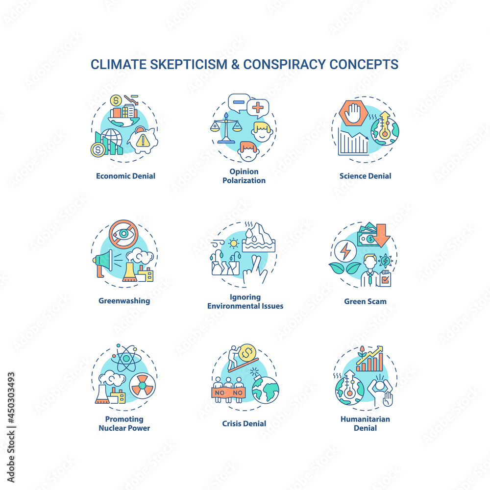 Climate skepticism and conspiracy concept icons set. Green scam and ...
