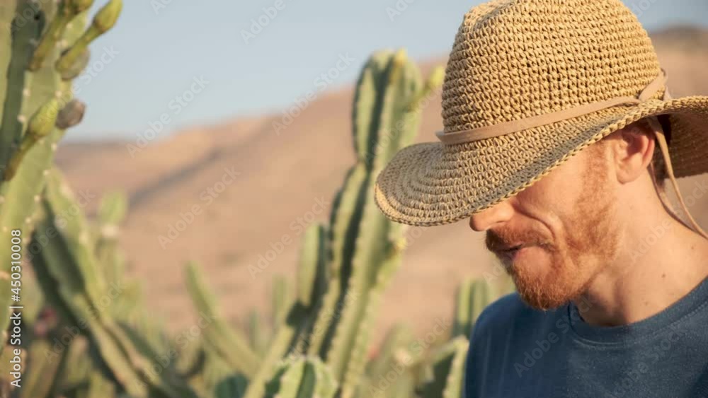 Man in a straw hat standing in a cactus desert field chewing straw in ...
