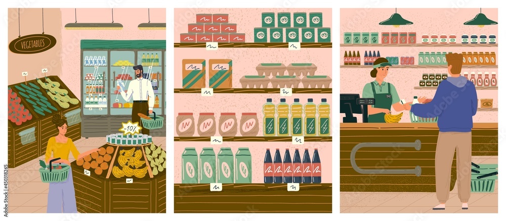 People shopping in grocery store or supermarket concept vector ...