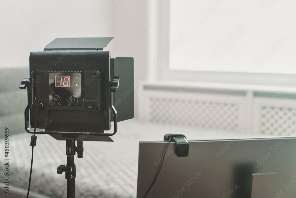 Webcam studio interior with lighting and camera. Stock Photo | Adobe Stock