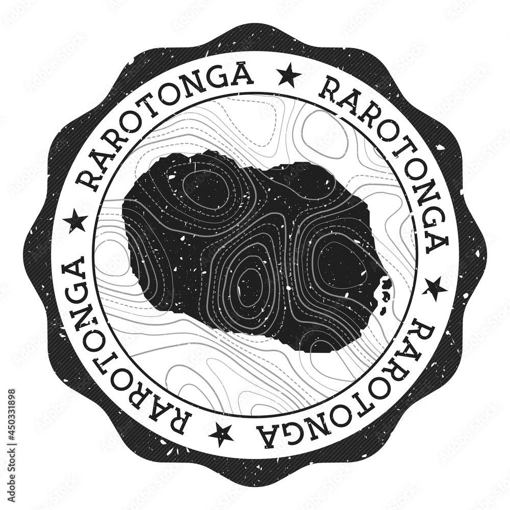 Rarotonga outdoor stamp. Round sticker with map of island with ...