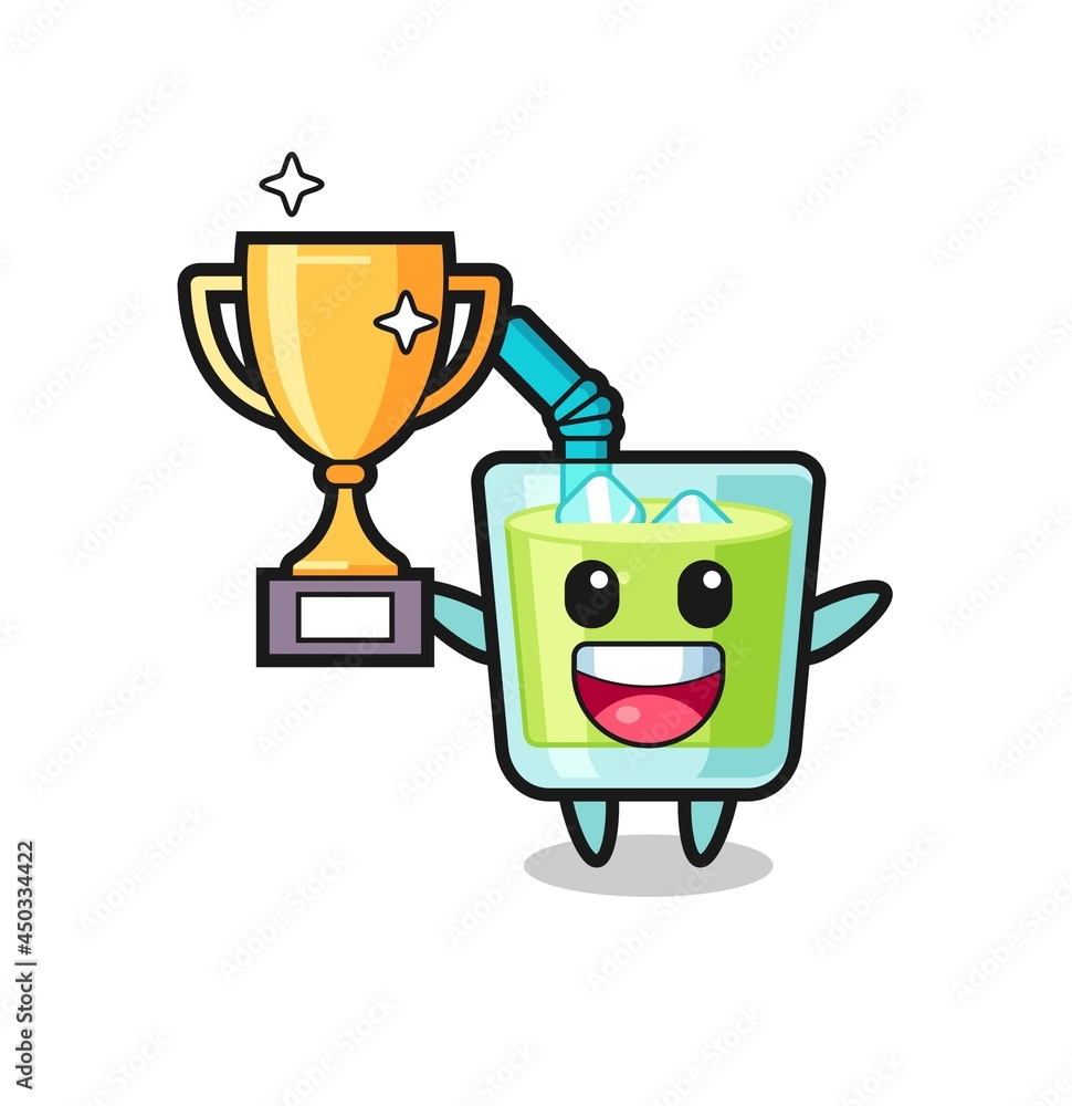 Cartoon Illustration of melon juice is happy holding up the golden ...