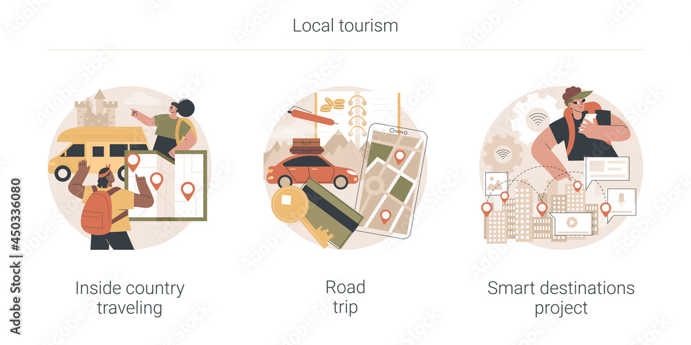 Local tourism abstract concept vector illustration set. Inside country ...