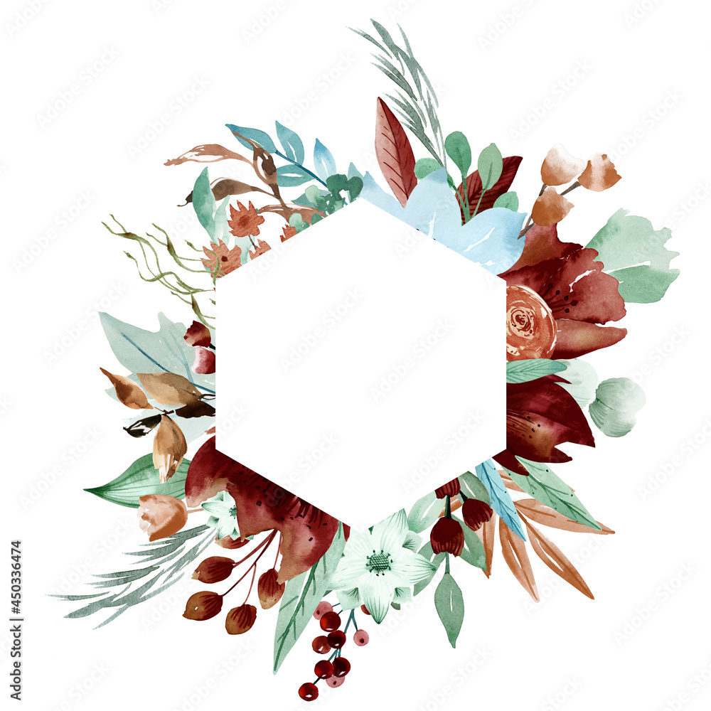 Watercolor teal and burgundy floral bouquets, Mint green and brown ...