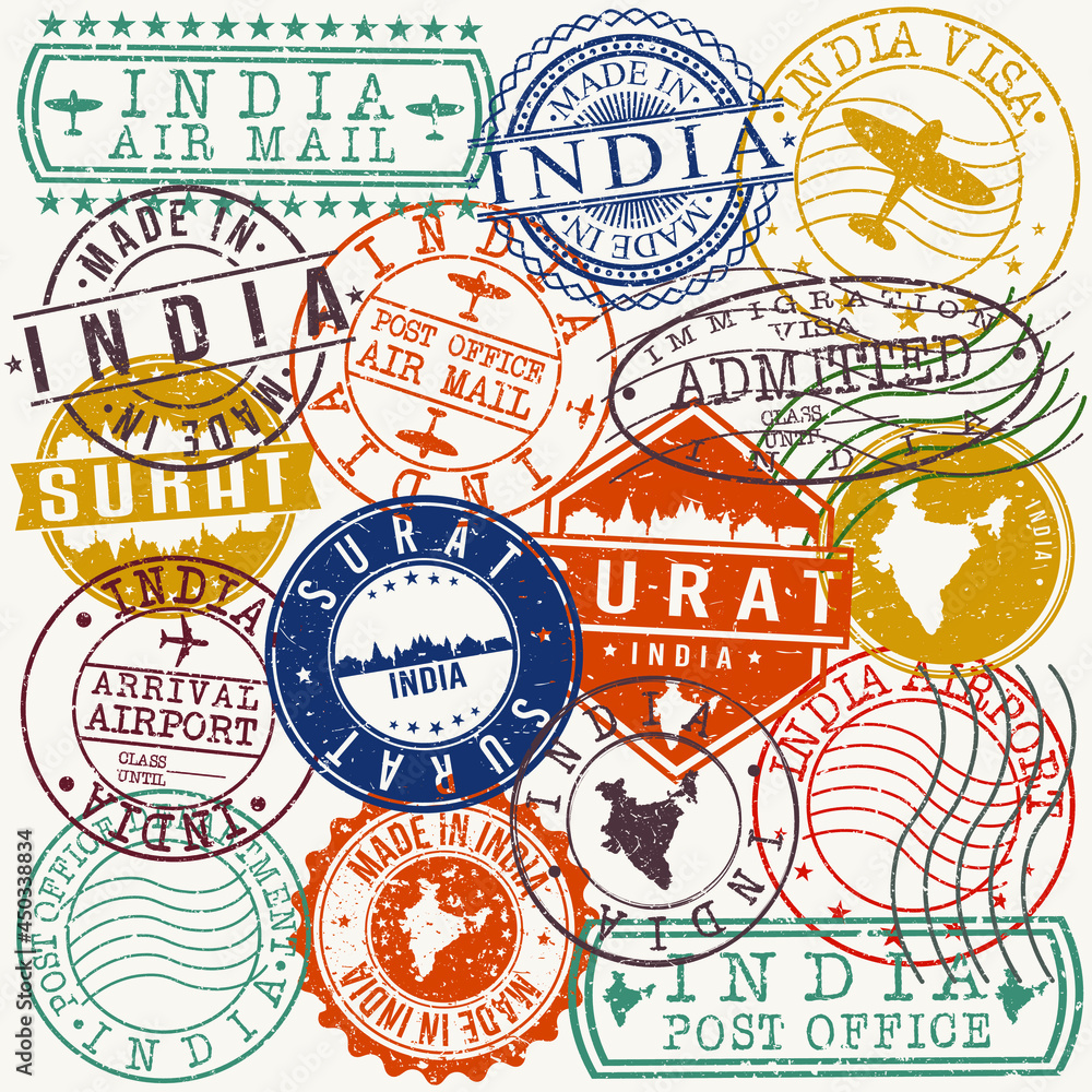Surat, Gujarat, India Set of Stamps. Travel Stamp. Made In Product ...