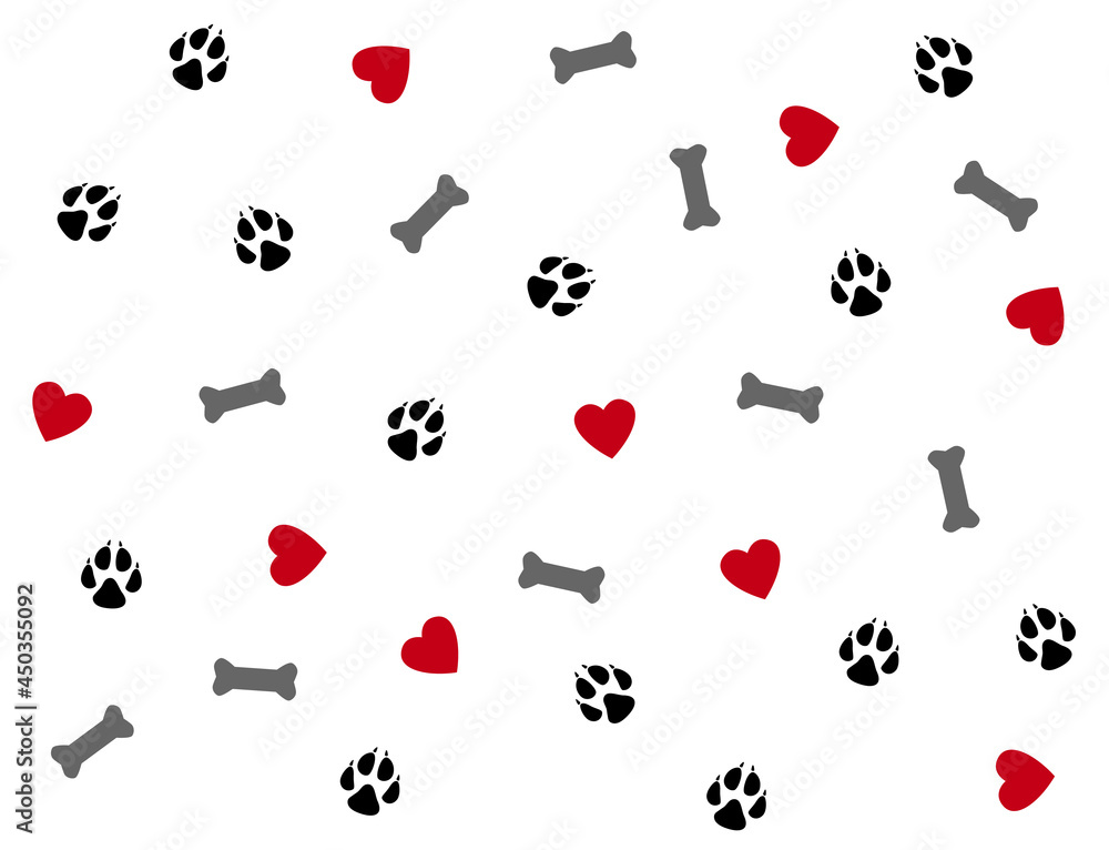 Seamless background with hearts, bone and dog paw mark. Black, red ...