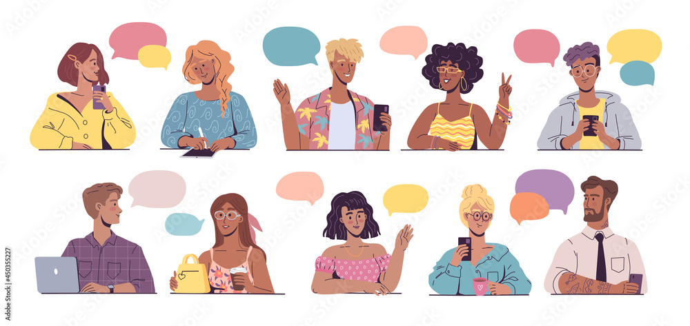 Happy young people talking and communicating. Cartoon people characters ...