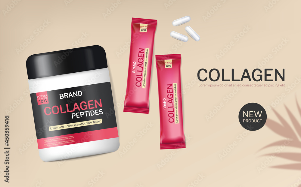 Collagen powder Vector realistic mock up. Product packaging label ...
